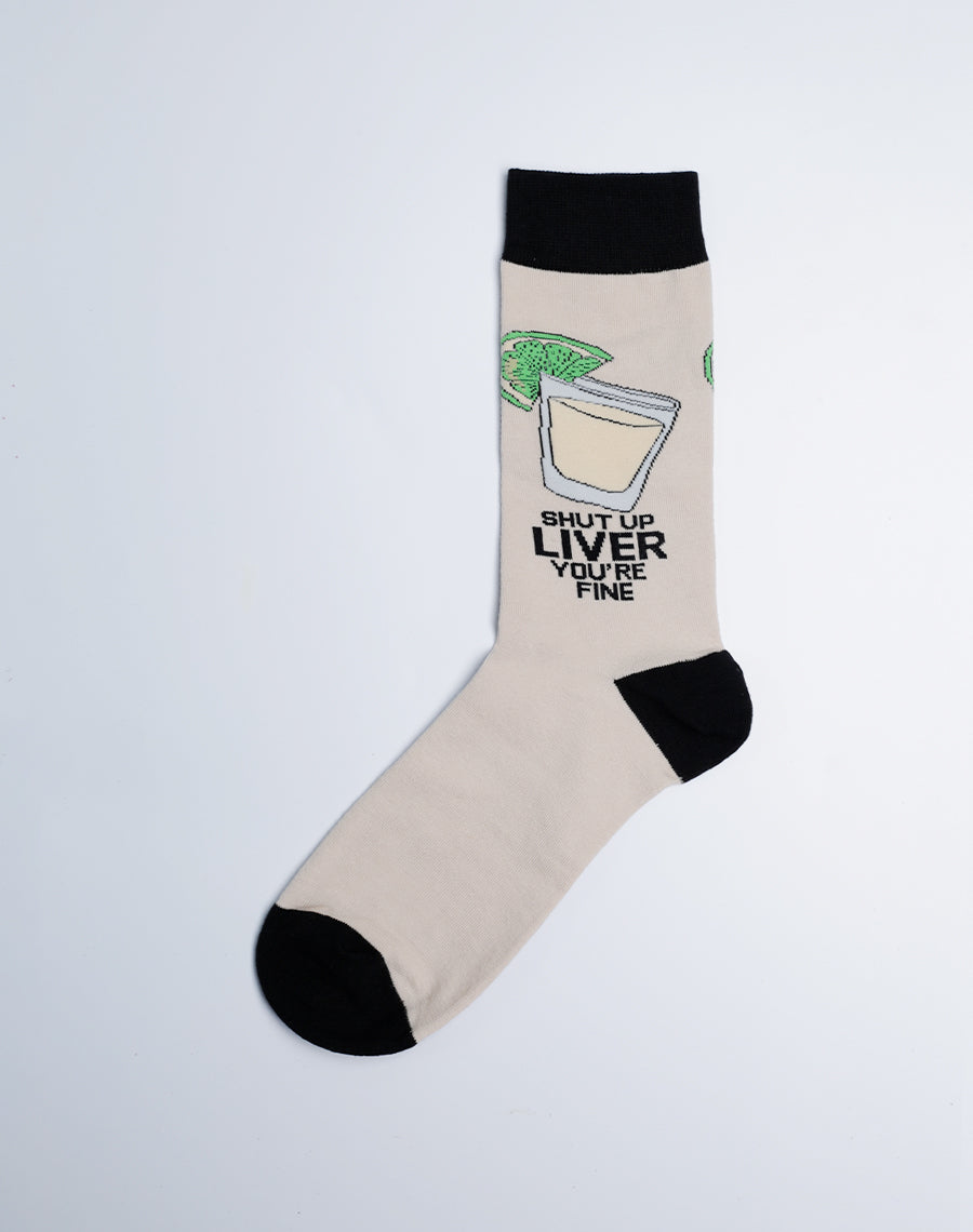Men's Shut Up Liver Funny Tequila Crew Socks - Off White Cotton made | Just Fun Socks
